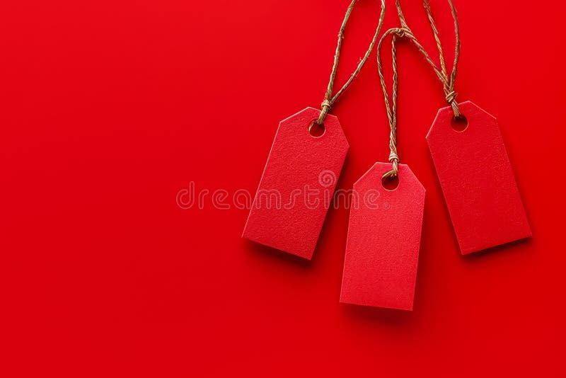 Red Sale Tags on String Against a Solid Red Background for Promotional ...