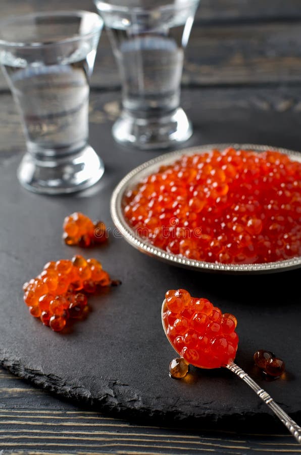 Red Salmon Caviar on Black Background Stock Image - Image of color ...