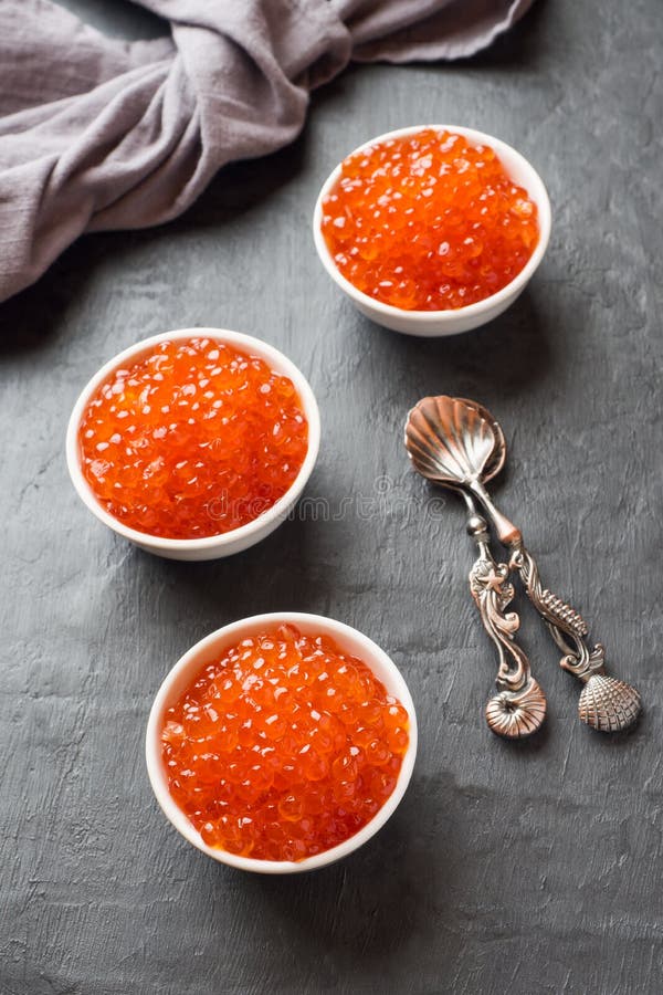 Red Salmon Caviar in a Plate on a Dark Table Stock Image - Image of ...