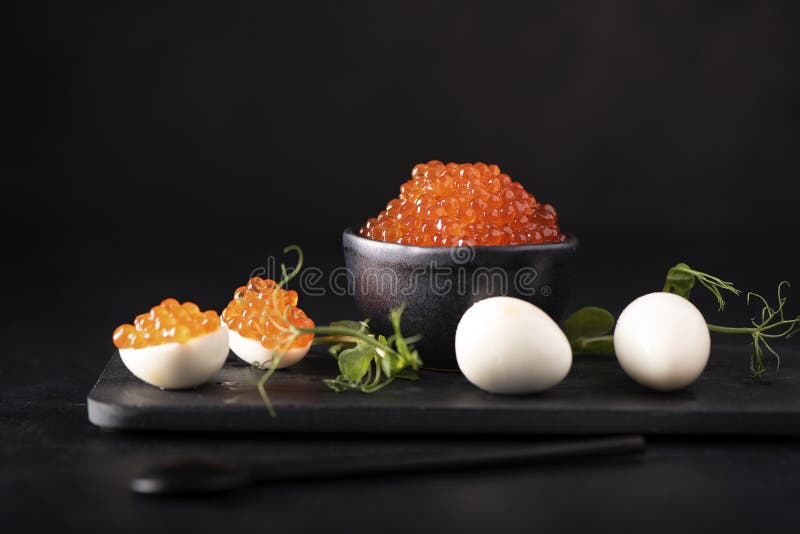 Red Salmon Caviar with Quail Eggs Stock Image - Image of quail, green ...