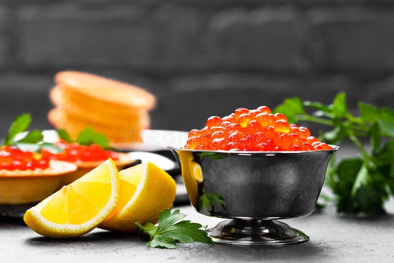 Red Salmon Fish Caviar, Salmon Caviar in Metal Bowl. Caviar Stock Photo ...