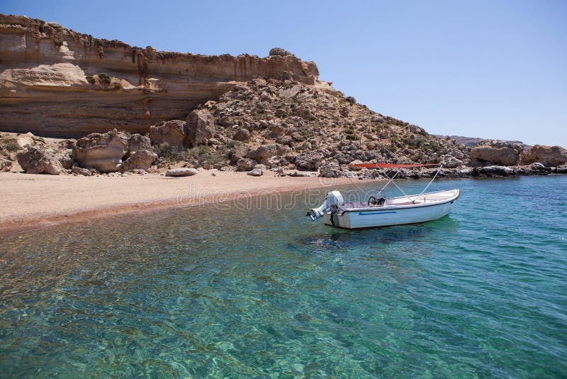 Red Sand Beach with Boat, Rhodes Stock Image - Image of beach, resort ...