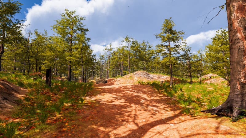 On a Red Sand Path that Runs through a Virtual Forest 3d Render Stock ...