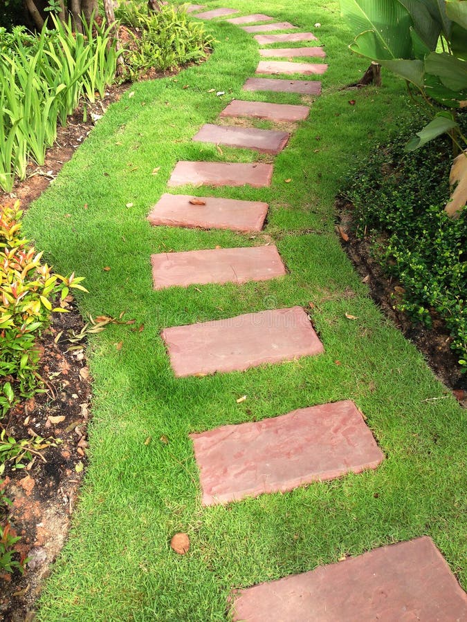 Red Sand Stone Pathway on Grass in Garden Stock Image - Image of tiles ...