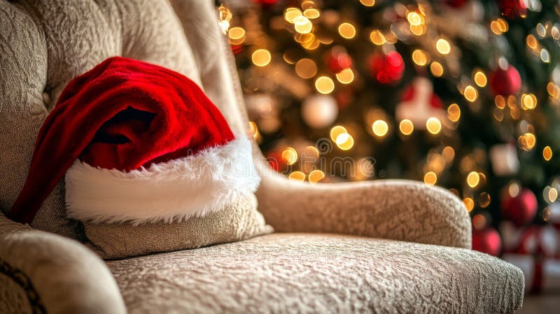 Red Santa Hat on a Plush Chair with Blurred Christmas Tree in ...