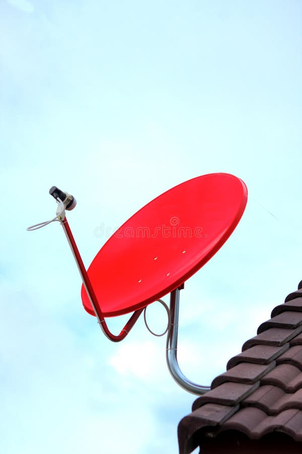Red Satellite on Roof on Blue Sky. Stock Image - Image of electronic ...