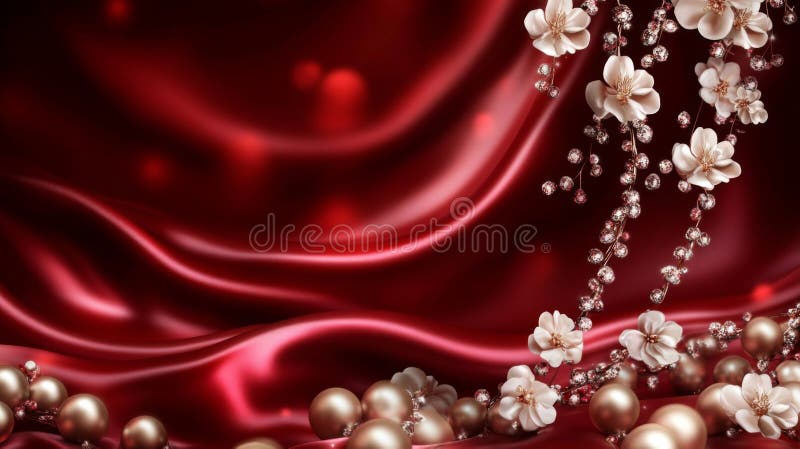 Red Satin Fabric with White Flowers and Pearls Stock Illustration ...