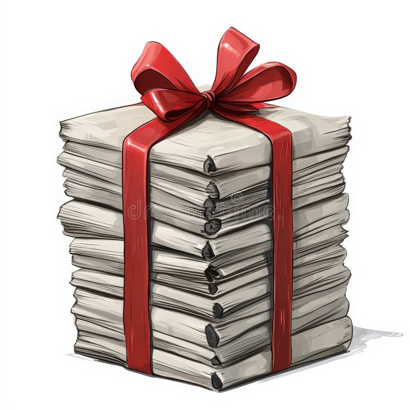 Red Satin Ribbon Tying a Stack of Newspapers in Cartoon Flat Style ...