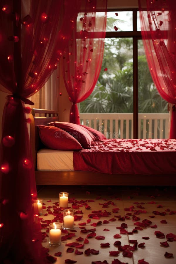 Red Satin Sheets, Rose Petals, and Twinkling String Lights. Stock Image ...