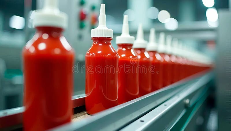 Red Sauce Bottles on a Conveyor Belt in a Factory Packaging Line Ready ...