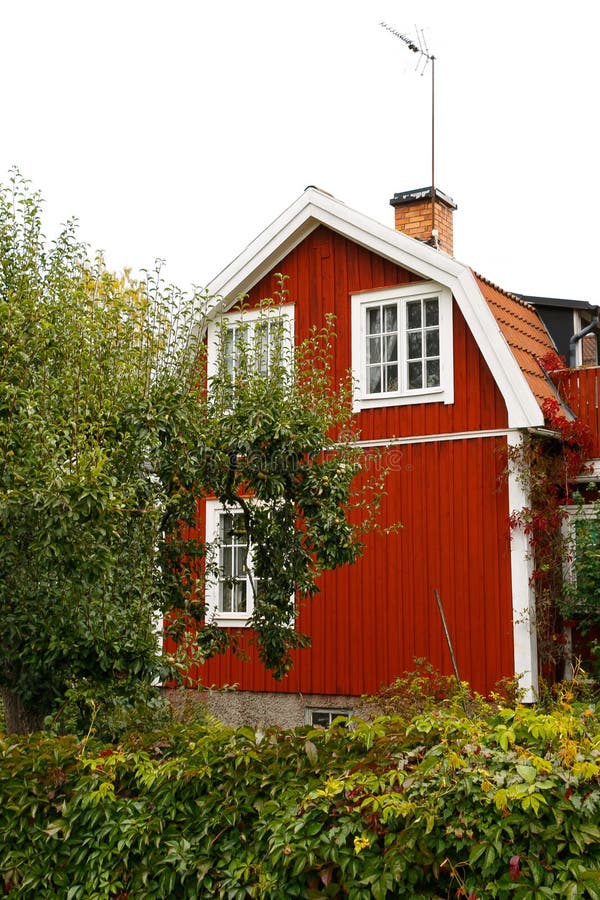 Red Scandinavian house stock photo. Image of green, residence - 105510684