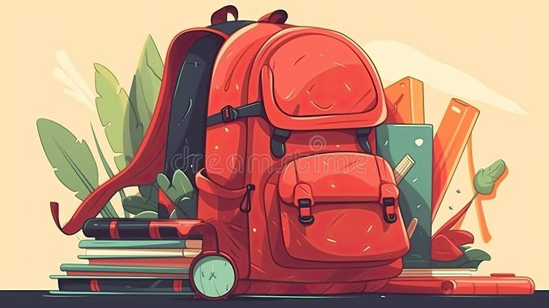 Red School Backpack with Books and a Book Stock Illustration ...