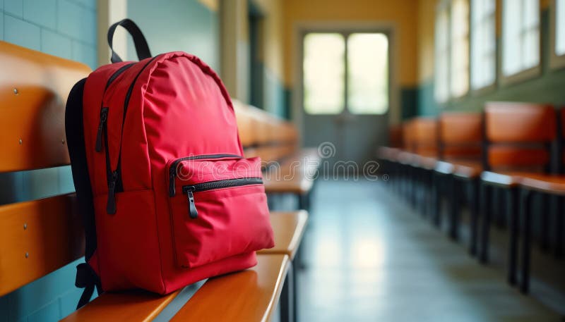 Red School Backpack Sits on Wooden Bench in School Hallway. Empty ...