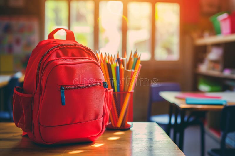 Red School Backpack on a Table in Classroom on Sunny Morning. Back To ...