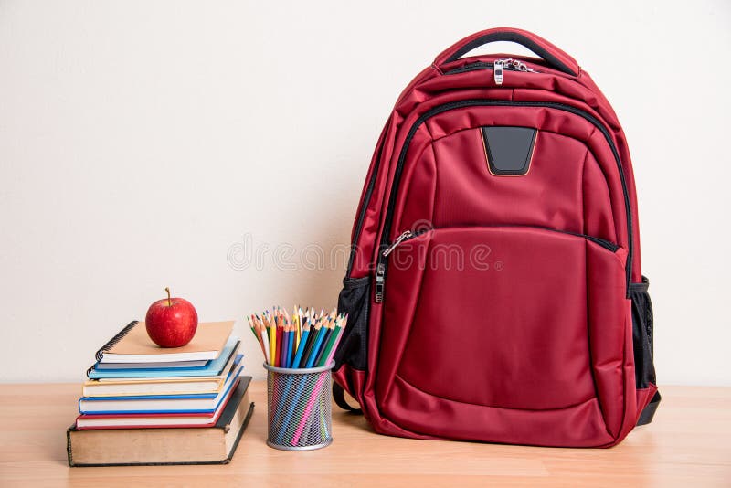 Red School Bag on Wood Table Stock Photo - Image of back, backpack ...