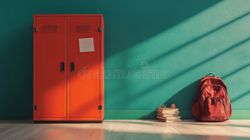 A Red School Locker Stands Against a Teal Wall, with a Matching Red ...