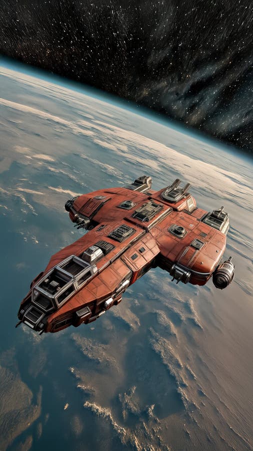 Red Sci-fi Spaceship Orbiting Earth with Stars in Background. Space ...