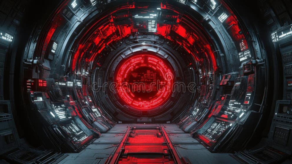 Red Sci-Fi Tunnel with Data Stream Stock Image - Image of interface ...