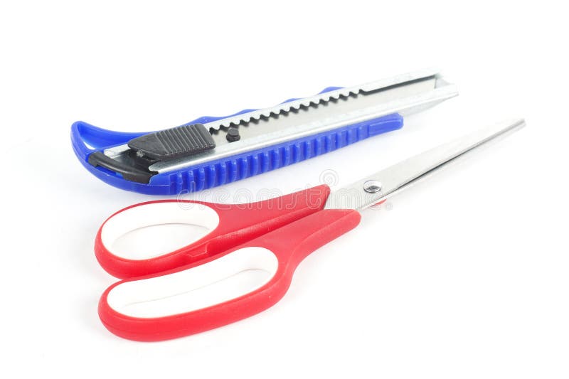 Red Scissors and Blue Cutter Stock Photo - Image of single, white: 81651906