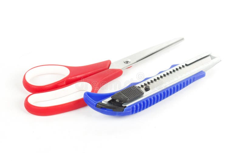 Red Scissors and Blue Cutter Stock Photo - Image of clip, scissors ...