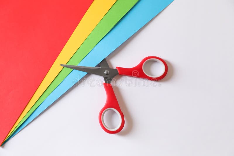 Red Scissors and Color Sheets of Paper on White Background, Flat Lay ...