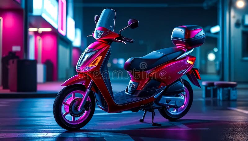 Red Scooter is Parked in Front of a Neon Sign Stock Photo - Image of ...