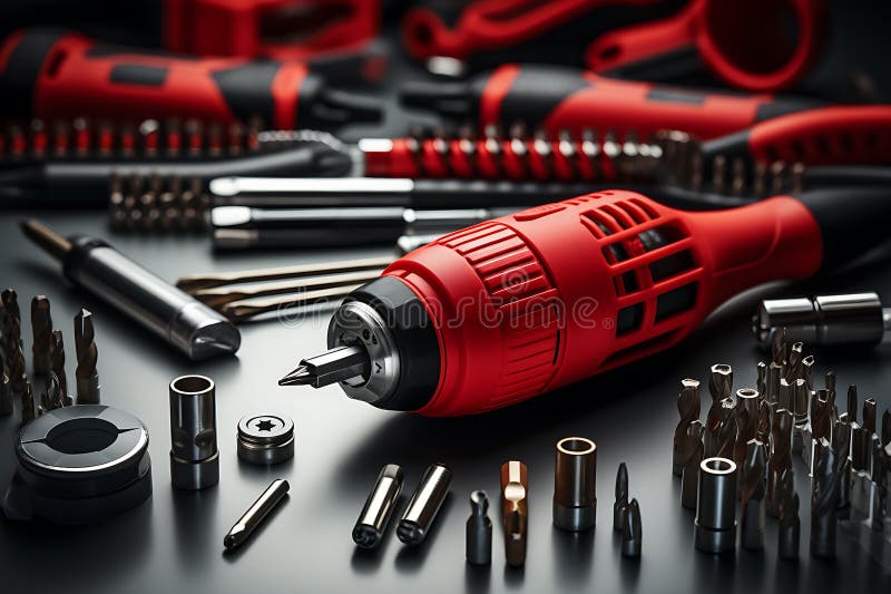 Red Screwdriver with Various Tools on Black Background. 3d Illustration ...