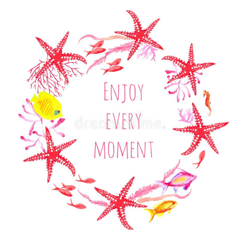Red Sea Fauna Watercolor Vector Design Round Frame Stock Illustrations ...