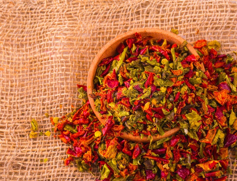 Red Seasoning with Pepper in a Wooden Cup and Sacking. Stock Photo ...