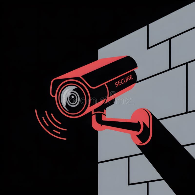 Red Security Camera Mounted on Gray Brick Wall Dark Background ...
