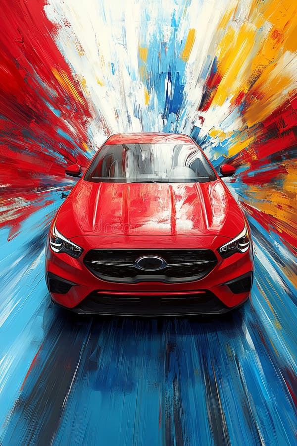 Red Sedan Front View: Digital Painting on Blue Stock Illustration ...