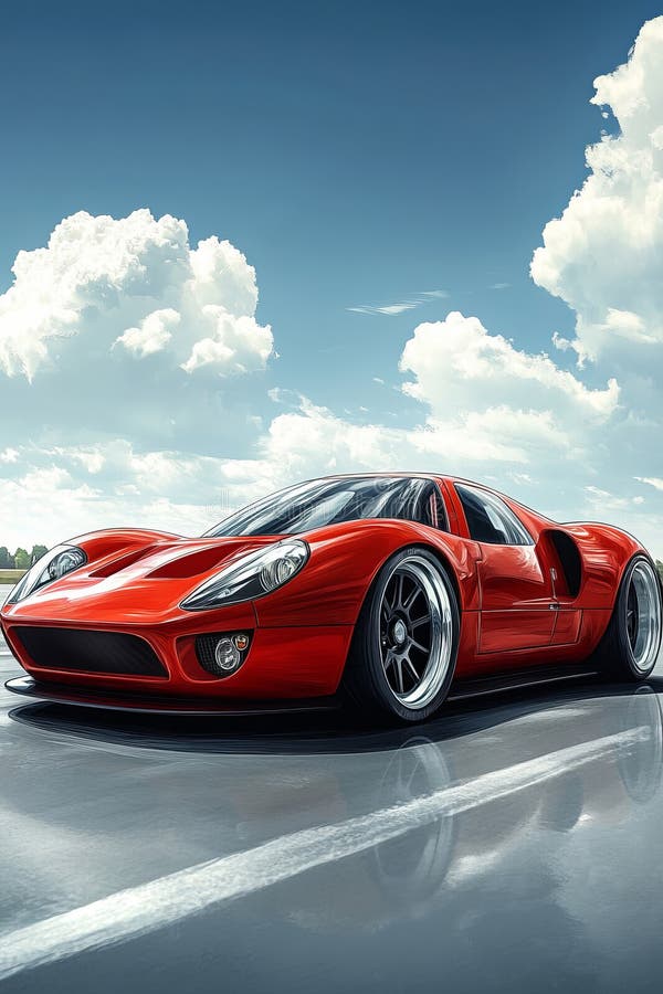 Red Sedan Front View: Digital Painting on Blue Stock Illustration ...