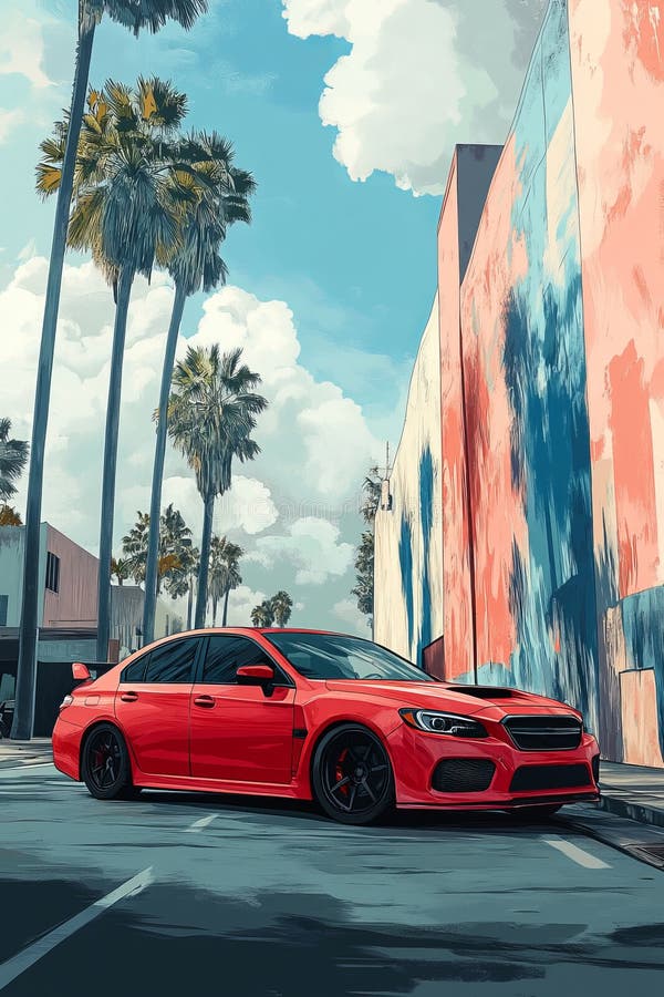 Red Sedan Front View: Digital Painting on Blue Stock Illustration ...