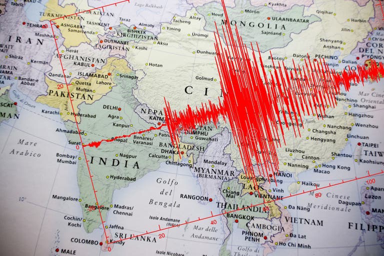 Red Seismic Wave Over Myanmar Map Stock Photo - Image of bhutan, road ...