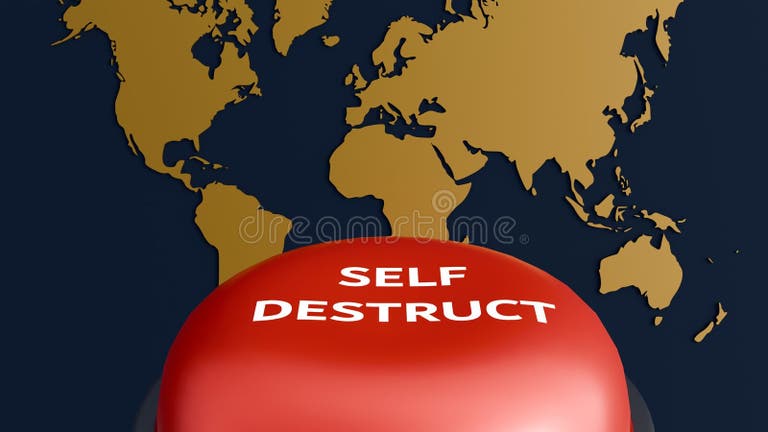 A Red "SELF DESTRUCT" Button on a Stylized Map of the World. Stock ...