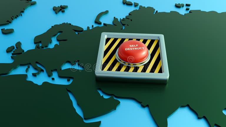 A Red "SELF DESTRUCT" Button on a Stylized Map of the World. Stock ...