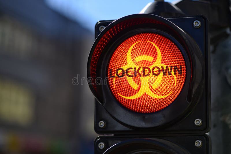 The Red Semaphore Light with Biohazard Warning Symbol and Text LOCKDOWN ...