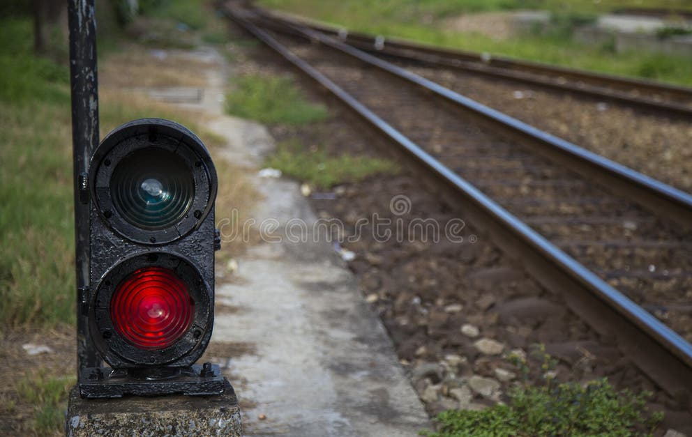 Red semaphore near railway stock photo. Image of focus - 74480264