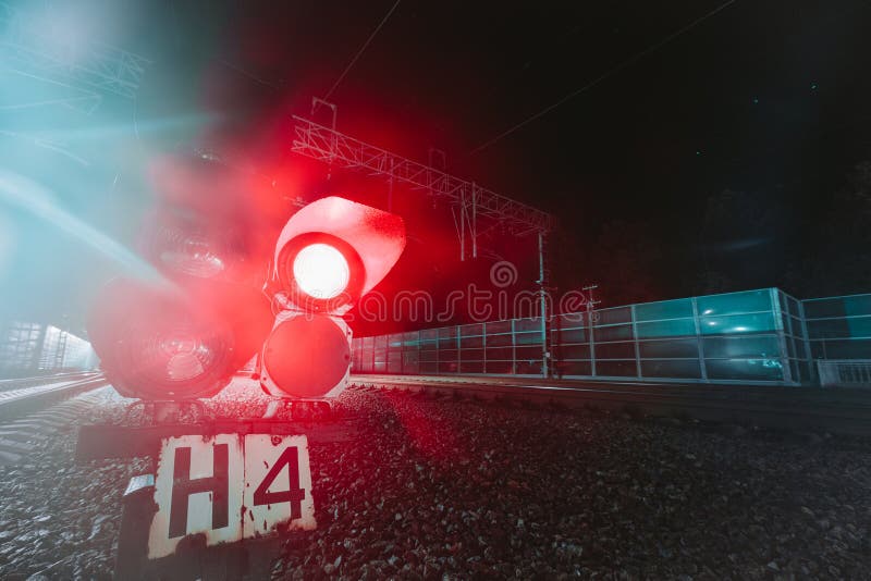 Red Semaphore Railway Night Stock Image - Image of signal, danger: 77227001