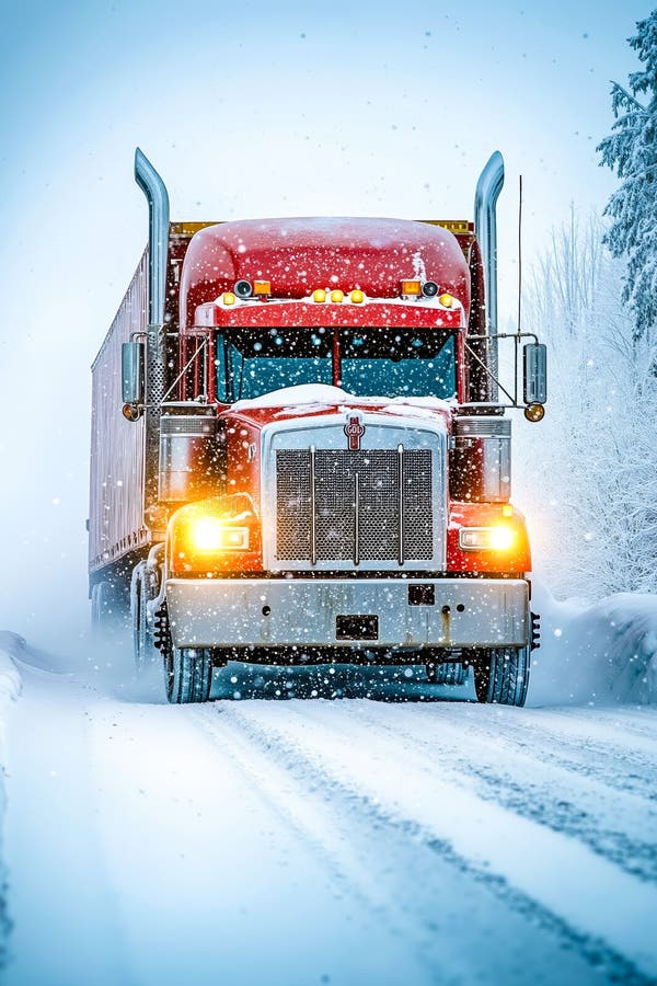 A Red Semi Truck Driving Down a Snowy Road Stock Photo - Image of ...