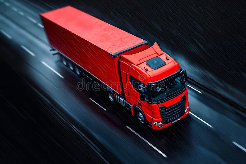 A Red Semi Truck Driving Down a Wet Road Stock Image - Image of ...