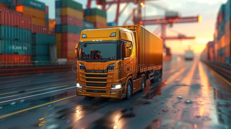 A Red Semi Truck is Driving Down a Wet Road in Front of a Large ...