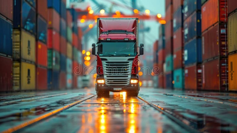 A Red Semi Truck is Driving Down a Wet Road in Front of a Large ...