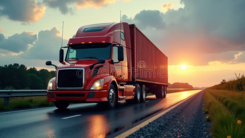 Red Semi Truck Driving on Highway at Sunset Stock Illustration ...