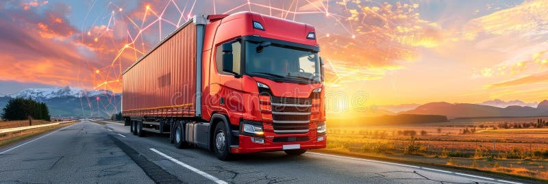 Red Semi-truck on Highway at Sunset with Digital Network Overlay Stock ...