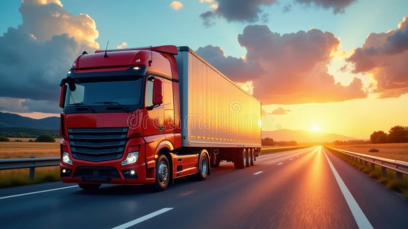 Red Semi Truck on Highway at Sunset Stock Illustration - Illustration ...