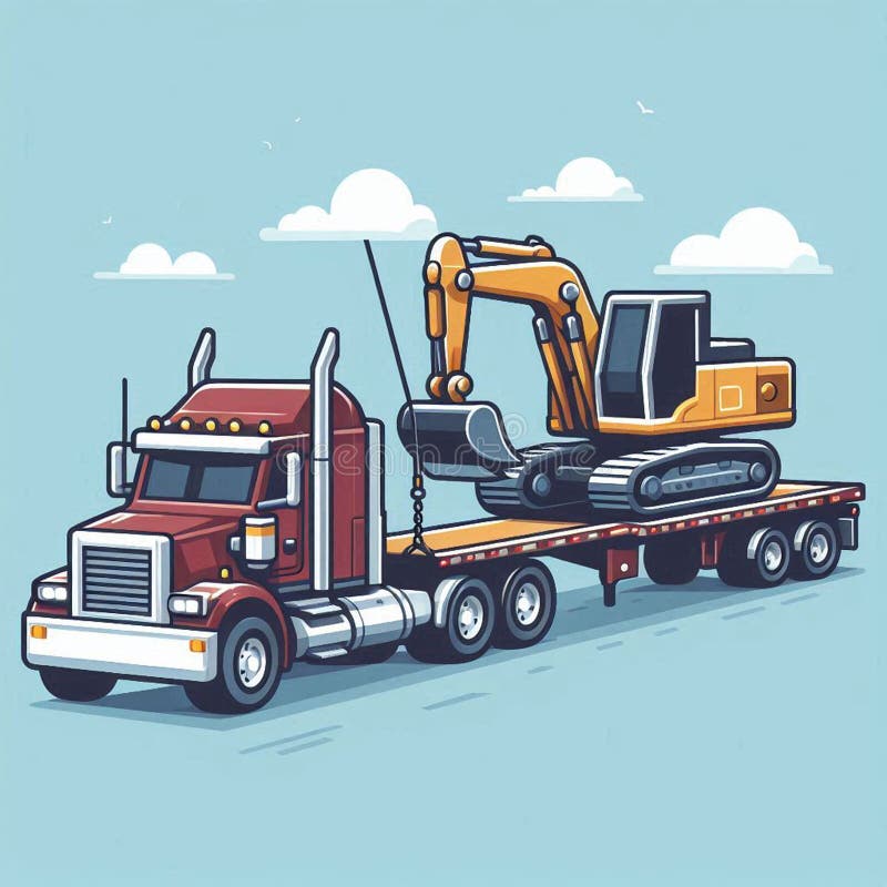 A Red Semi Truck is Pulling a Yellow Excavator Stock Illustration ...