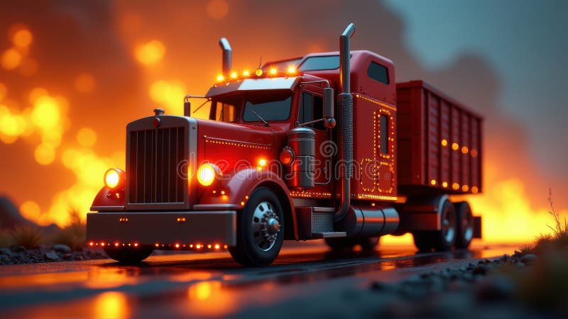 Red Semi Truck on Road at Sunset - 3D Render Stock Illustration ...