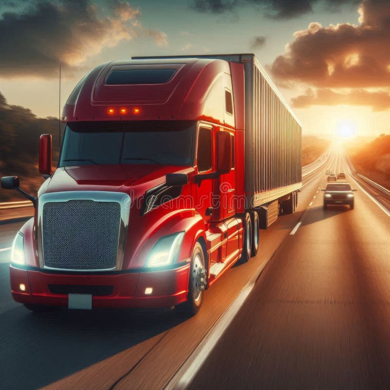 Red Semi Truck Speeding Down the Highway for Transportation and ...