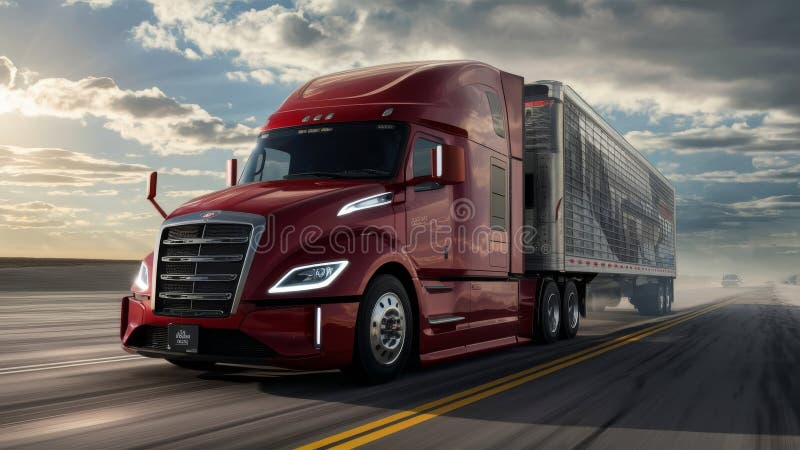 Red Semi Truck Speeding Down the Highway for Transportation and ...